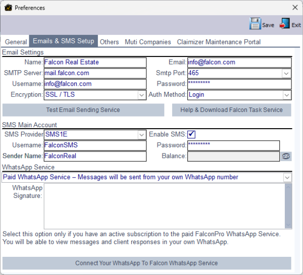 Setting Up Email, SMS, and WhatsApp Services in FalconPro